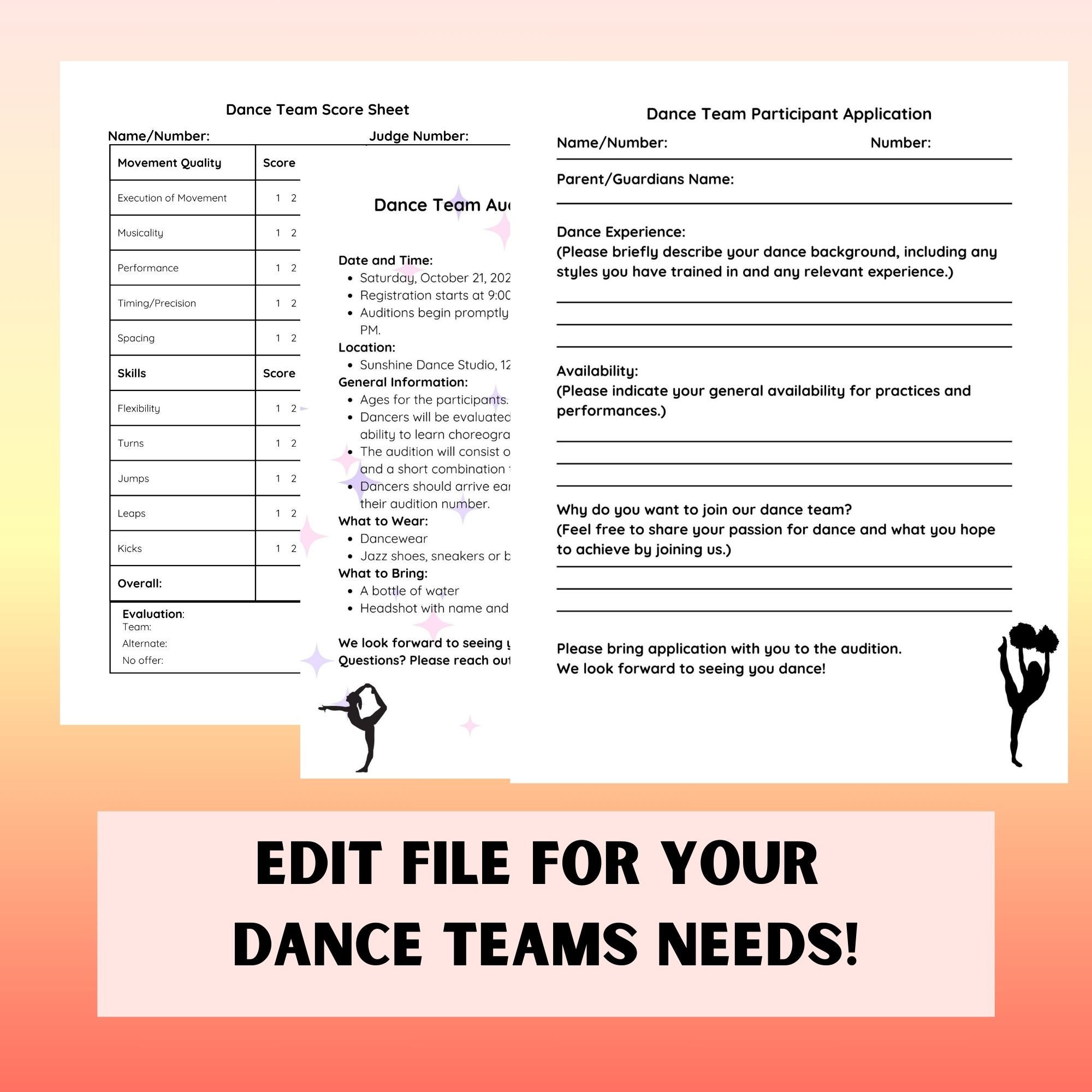 Dance Team Audition Packet- Canva Editable Template - Etsy