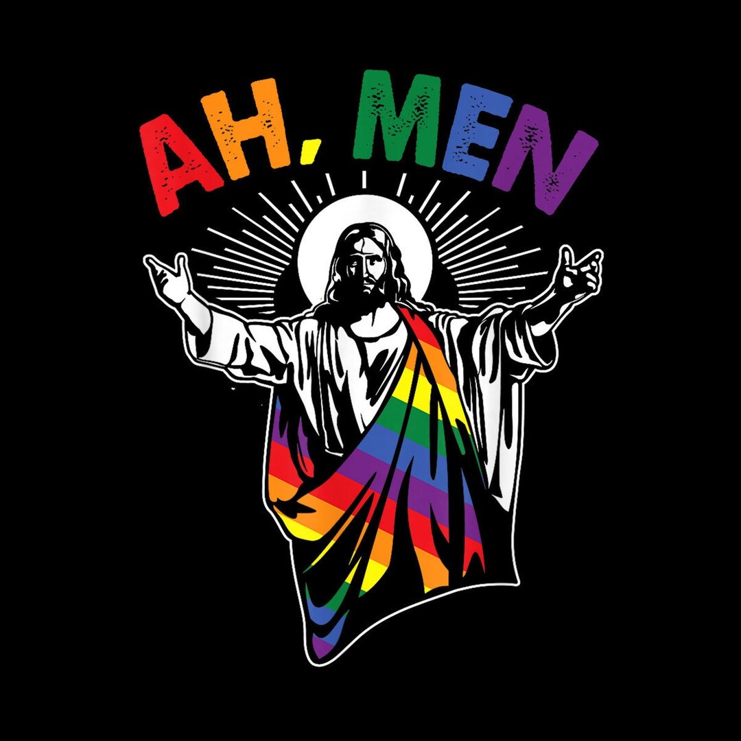Ah Men Funny LGBT Gay Pride Jesus Rainbow Flag Christian Short Sleeve ...