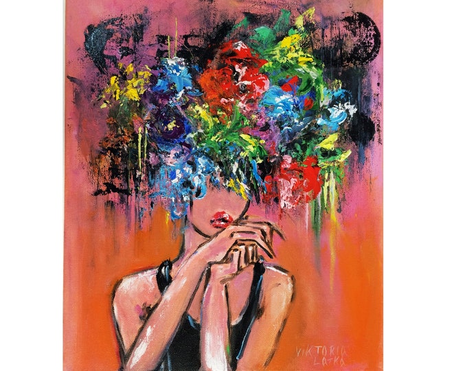 Faceless Woman Painting Original Art Woman Portrait Painting Flowers ...