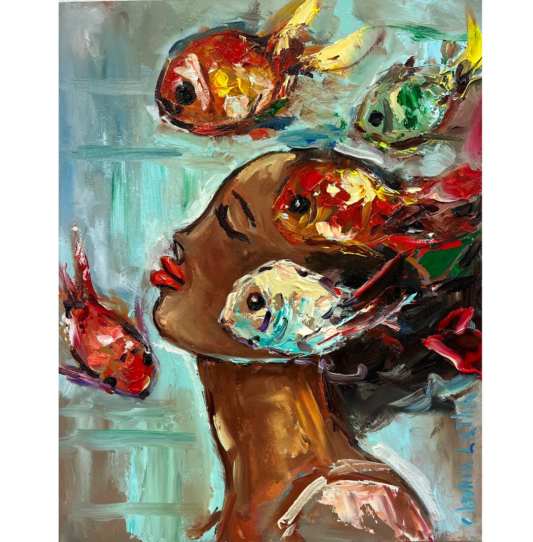 African American Art Original Painting Colorful Fish Painting Portrait ...