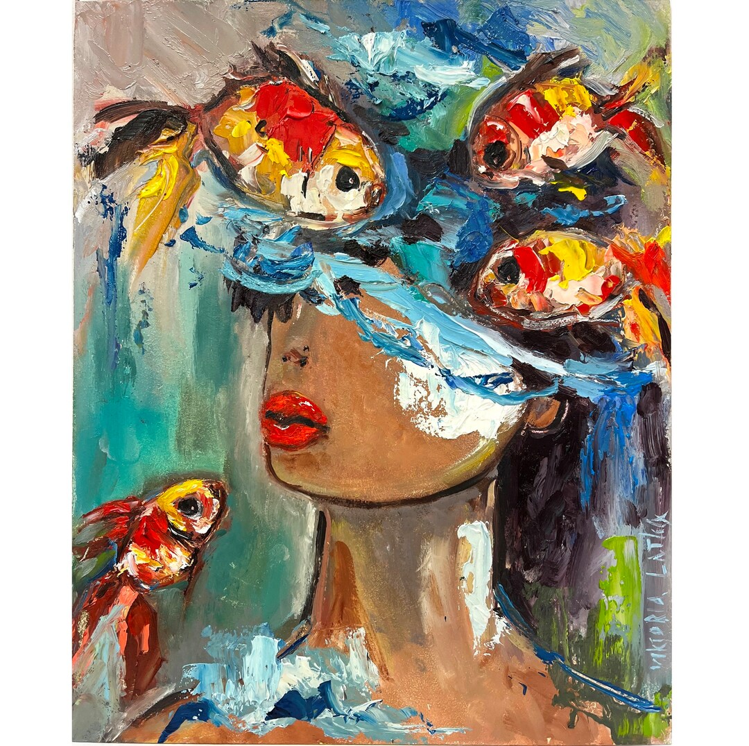 Woman Painting: Original Oil Art, Faceless Portrait and Goldfish Art ...