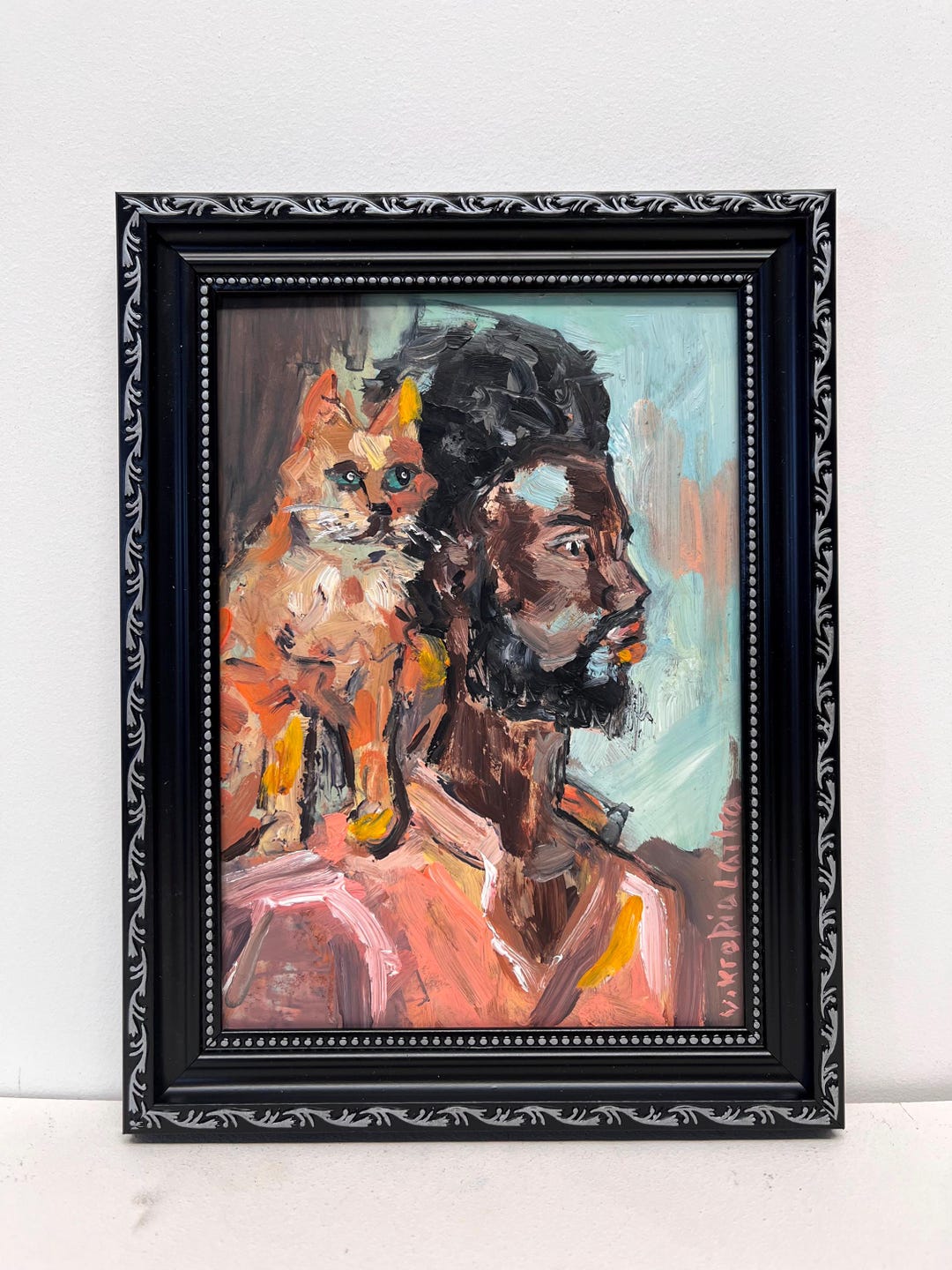African American Art Original Painting Portrait Man Artwork Red Cat ...