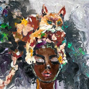 African American Art Original Painting Black Woman Art Cat Painting ...