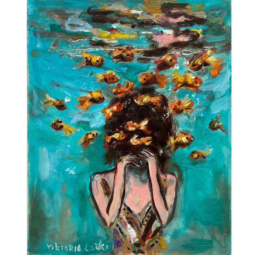 Underwater Painting Original Art Woman Painting Goldfish Painting 8 by ...