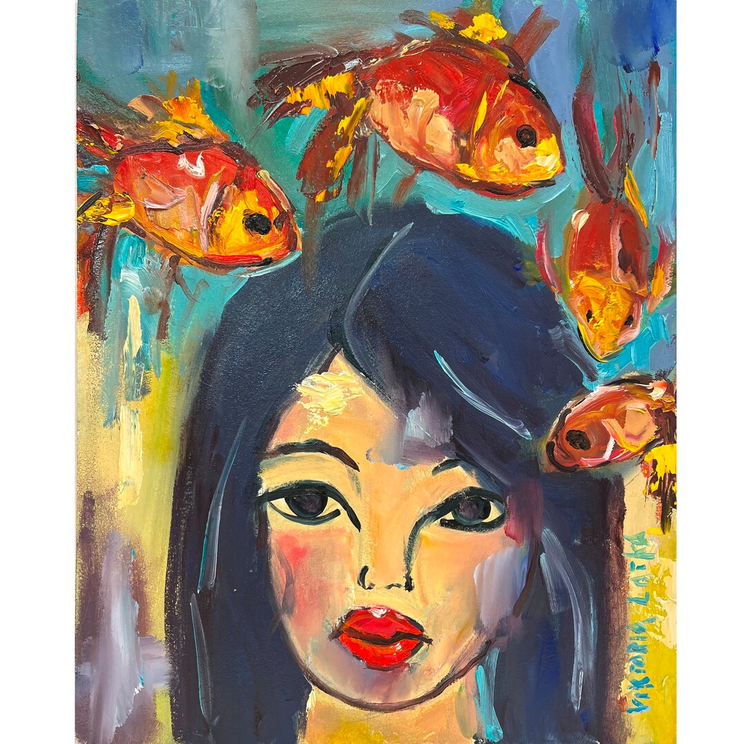 Woman Painting Original Art Woman Face Artwork Colorful Fish Painting ...
