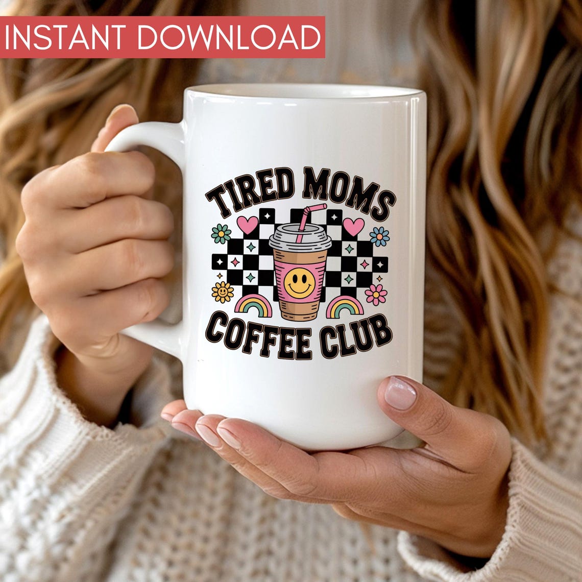 Tired Moms Coffee Club PNG Digital Design, Iced Coffee PNG, Checkered ...