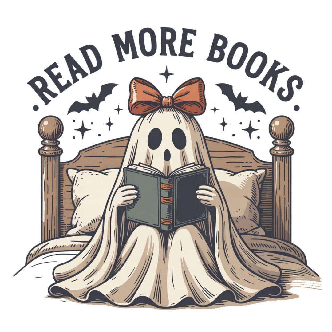 Read More Books Ghost PNG, Cozy Halloween Ghost With Bow & Book PNG ...