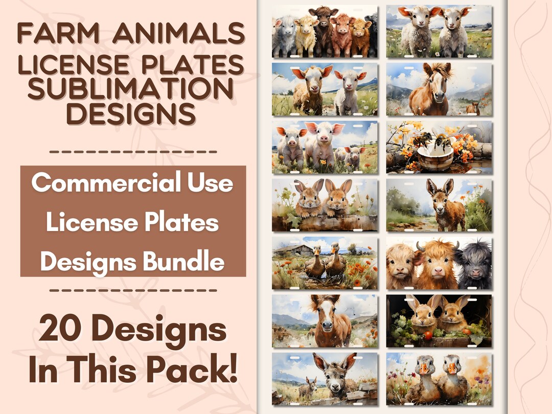 Farm Animals PNG Bundle License Plate Sublimation Design, Digital ...