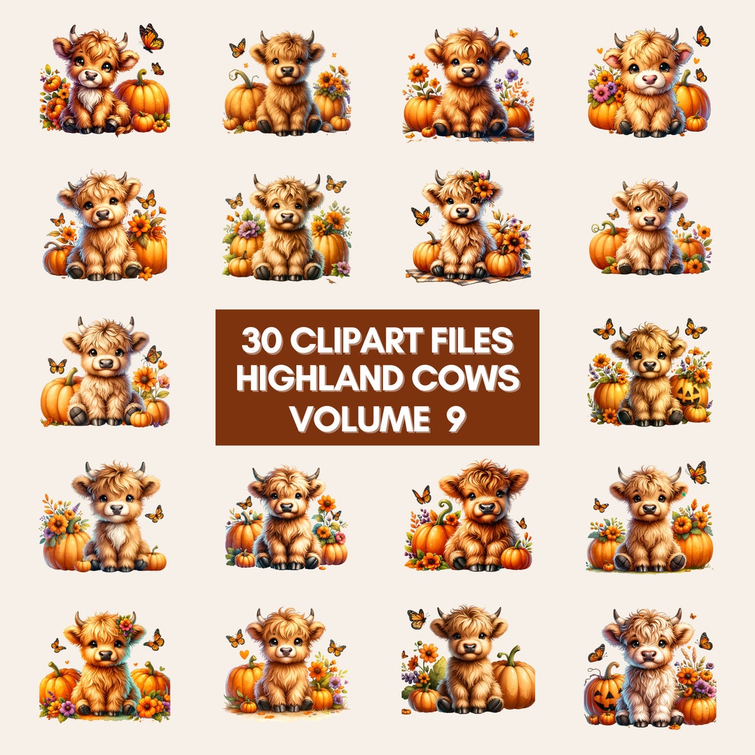 Highland Cows Fall Clipart Bundle, Fall PNG Baby Cow Clipart Collection ...