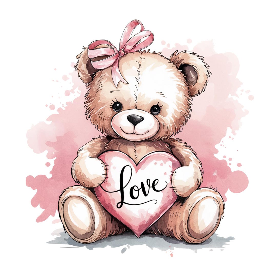 Valentine's Day Bear Clipart PNG, Watercolor Sublimation Printing for T ...