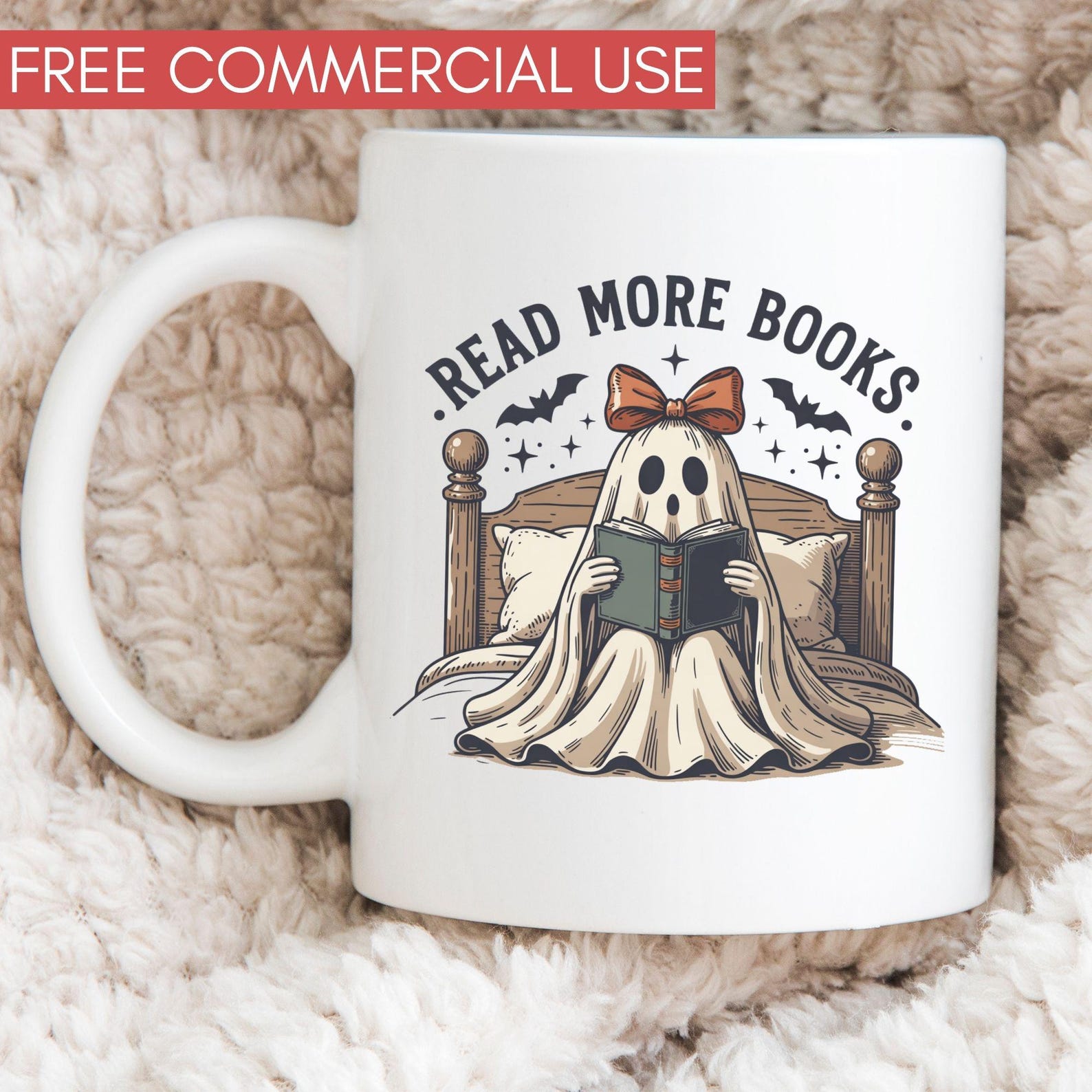 Read More Books Ghost PNG, Cozy Halloween Ghost With Bow & Book PNG ...