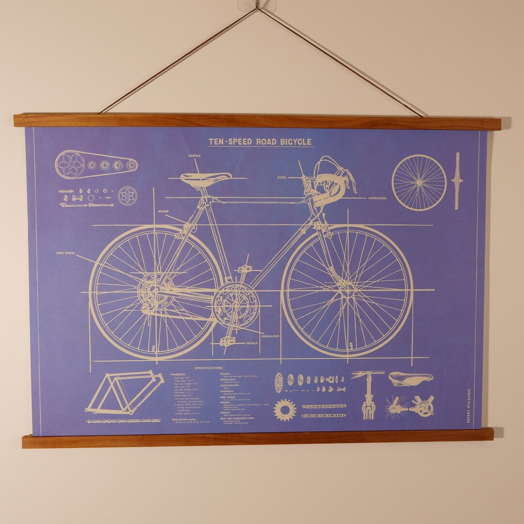 Bicycle Blueprint Vintage Poster With Magnetic Wooden Hanger Combo ...
