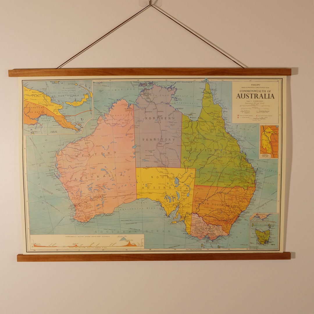 Australia Map Vintage Poster With Magnetic Wooden Hanger Combo ...