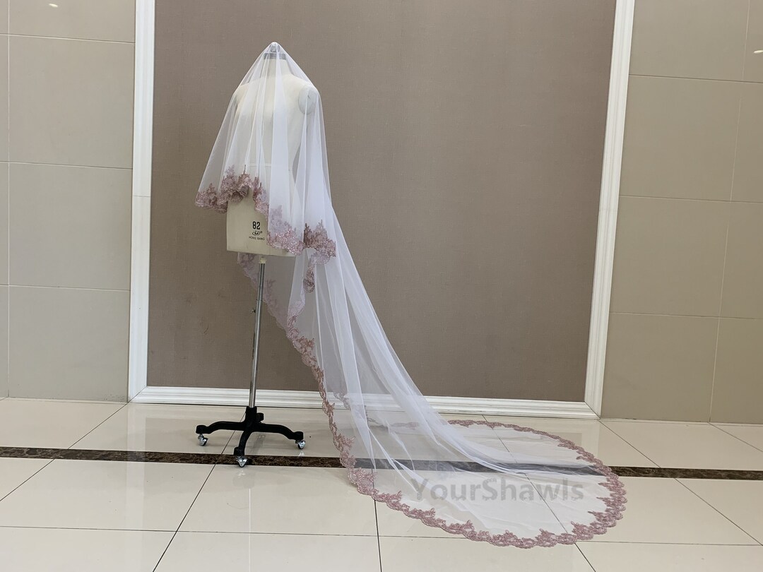 Elegant Bridal Dust Pink Lace Trim Veil, Luxurious Cathedral Wedding ...