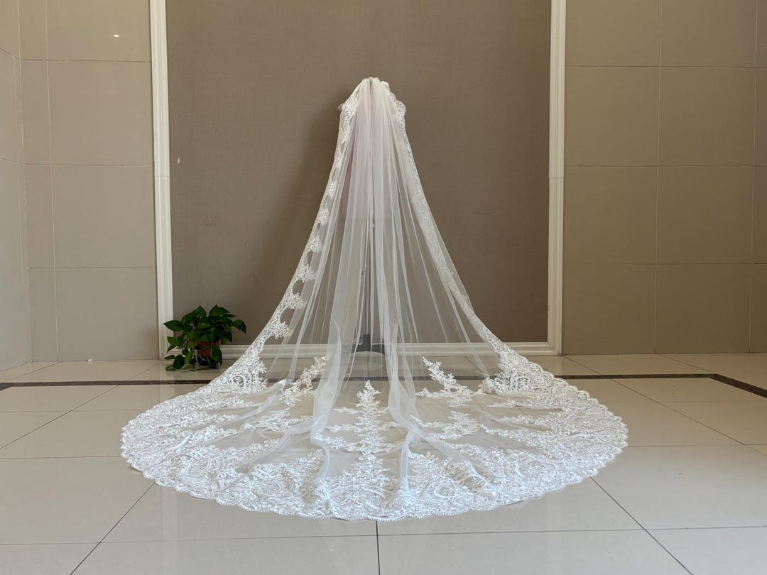 Vintage Cathedral Long Wedding Lace Appliqué Veil, One Layer Romantic ...