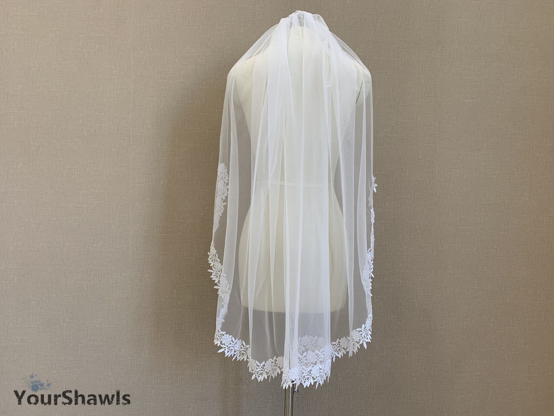 Romantic Wedding Floral Lace Trim Veil, Single Layer Lace Bridal Veil ...