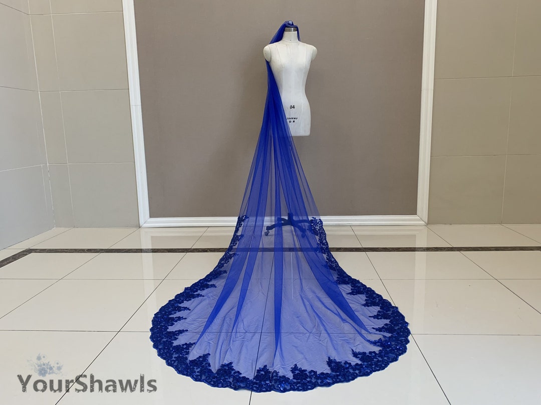 One Layer Romantic Wedding Blue Lace Veil, Elegant White/ivory Bridal ...