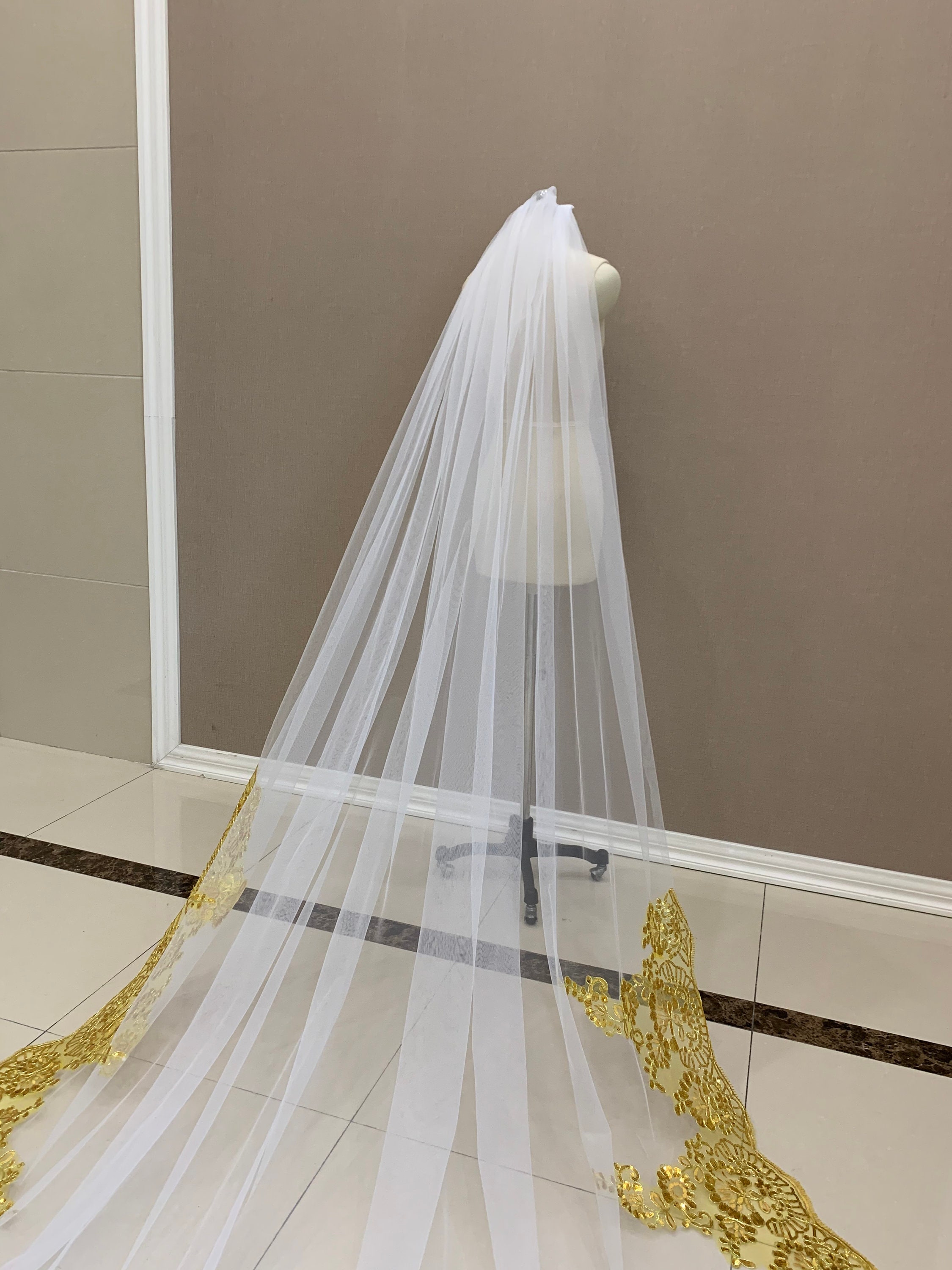 Sequins Lace Wedding Veil Gold Lace Edge Long Veil Cathedral - Etsy