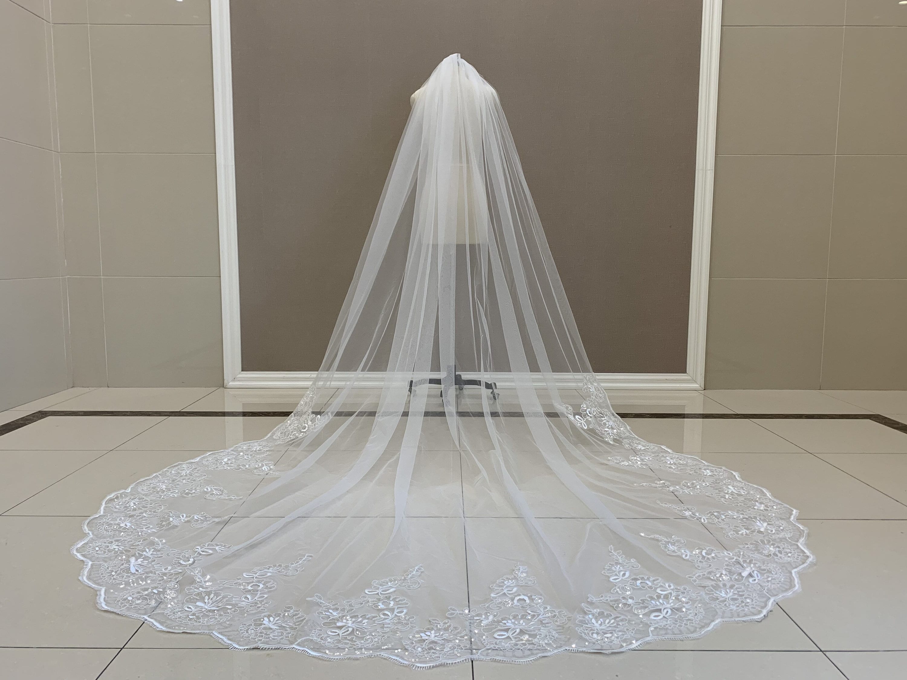 Bling Bling Cathedral Lace Veil Bridal Sequin Lace Single Veil White ...