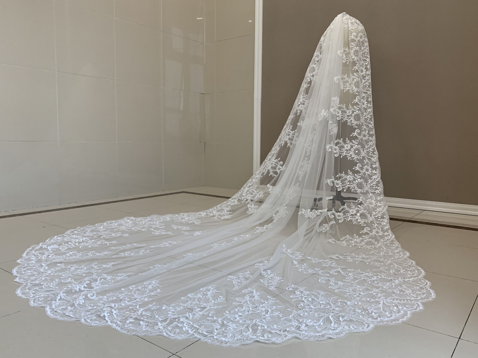 Lace Cathedral Wedding Veil One Tier Sequined Lace Veil Luxury Wedding ...
