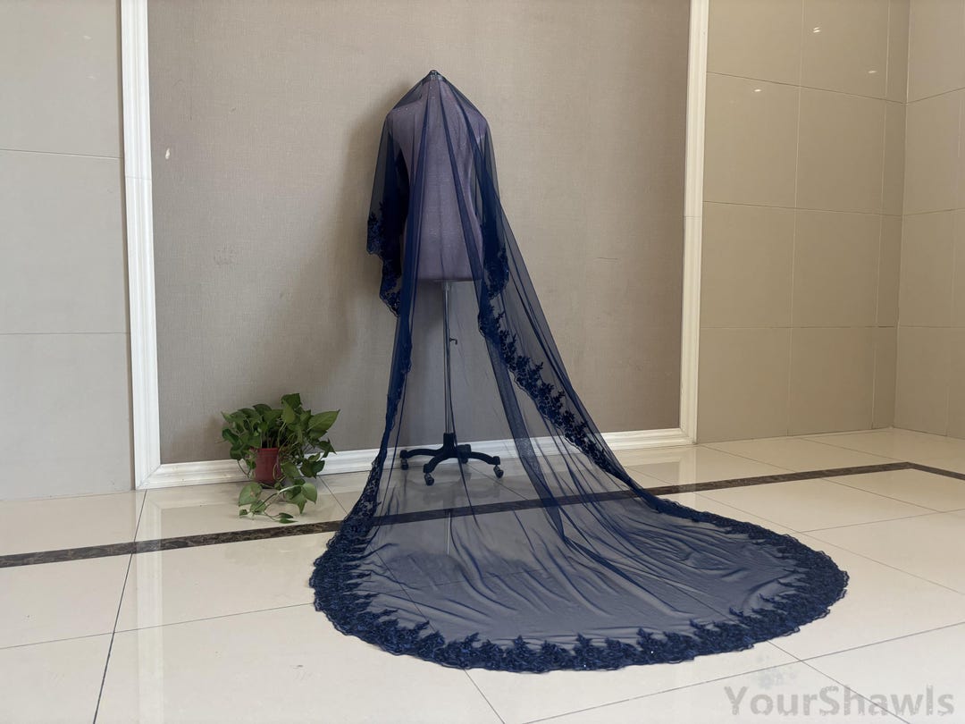 Cathedral Blue Sequined Lace Bridal Veil, Single Layered Mantila Style ...