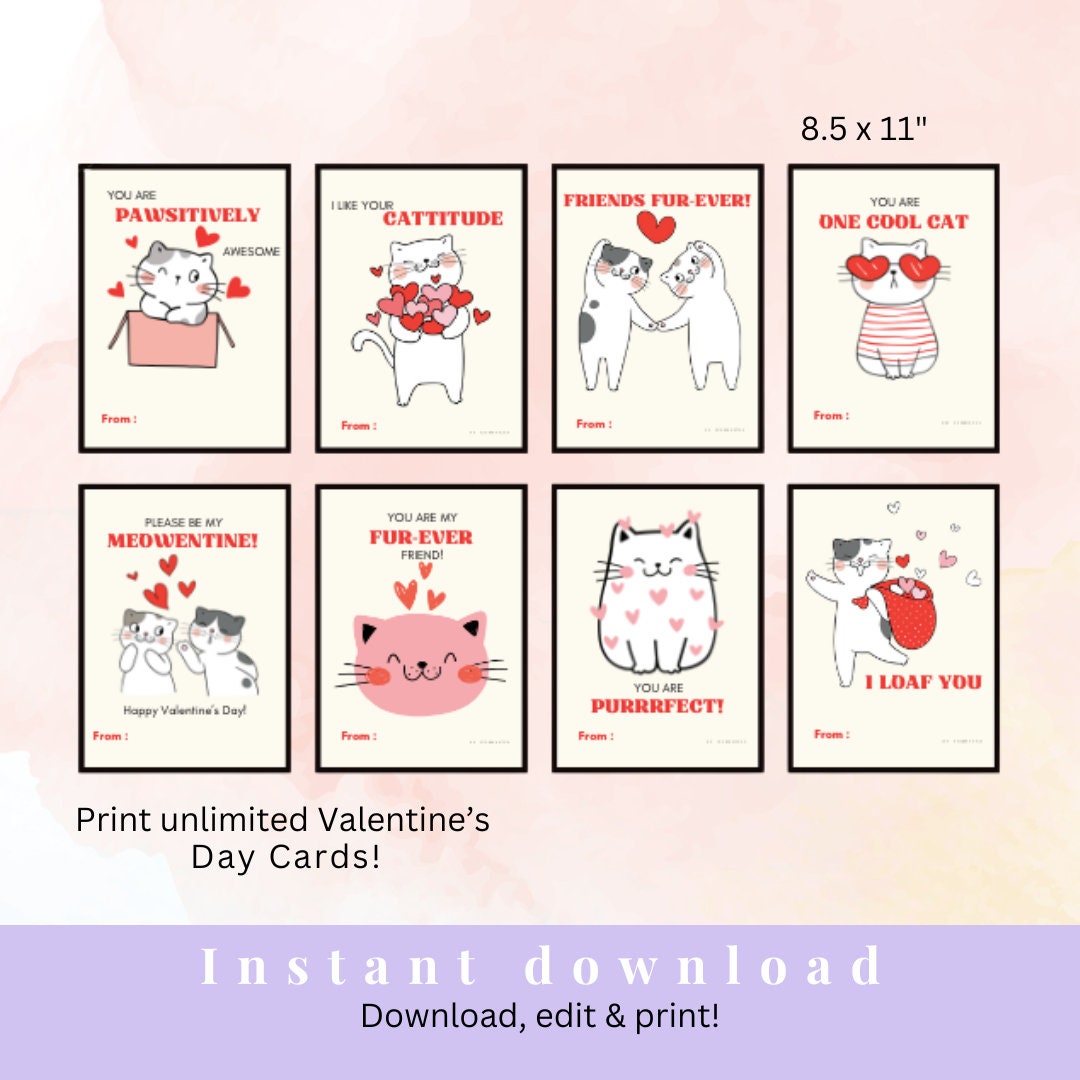 Printable Cat Valentine's Day Cards, Classroom Valentine's Day Cards ...