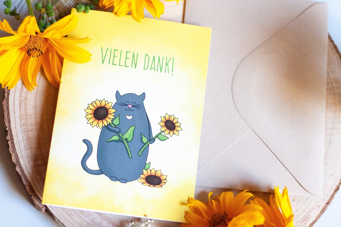 Dankeskarte - KATZE MIT SONNENBLUMEN - Vielen Dank - A6 - bunte ...