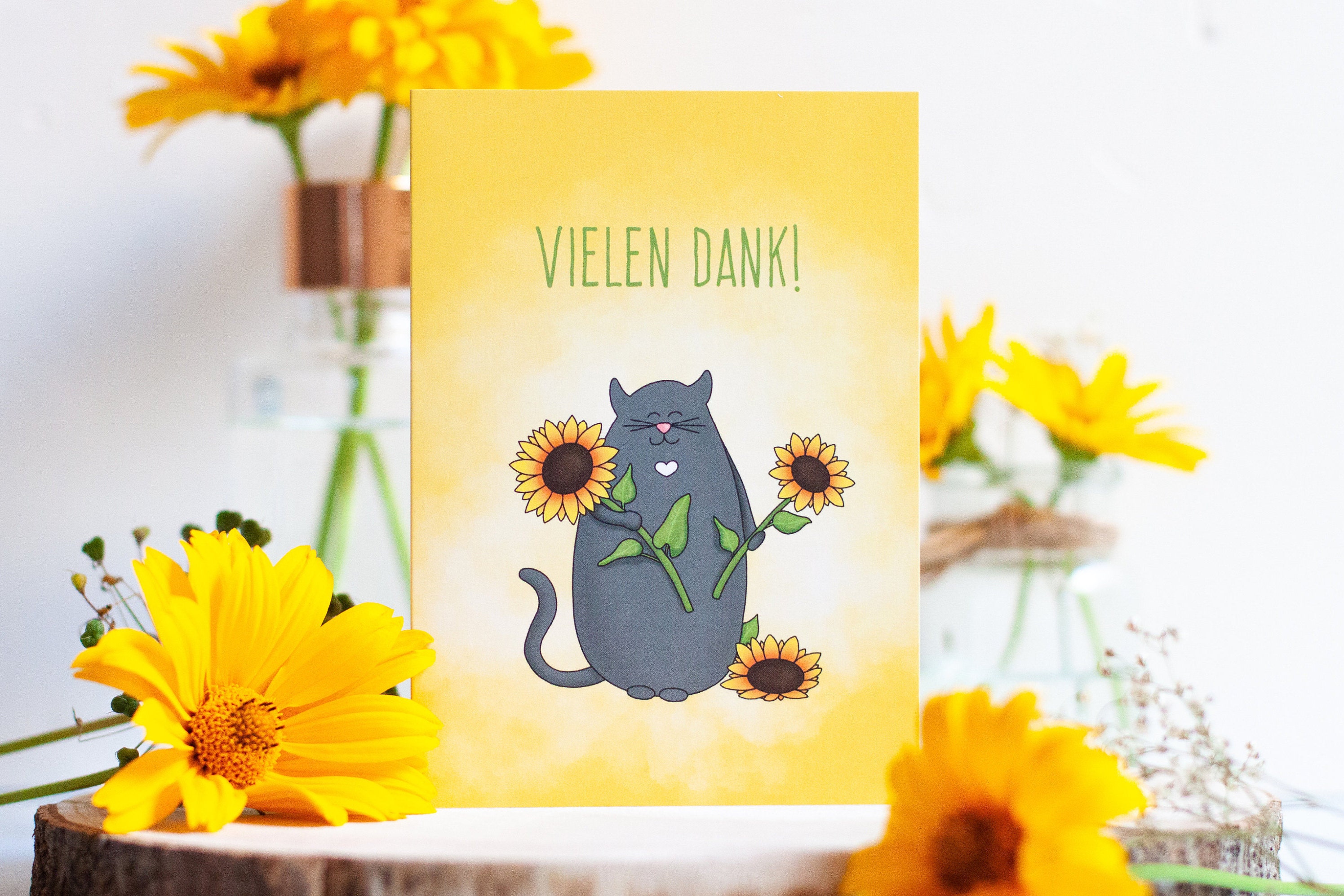 Dankeskarte - KATZE MIT SONNENBLUMEN - Vielen Dank - A6 - bunte ...