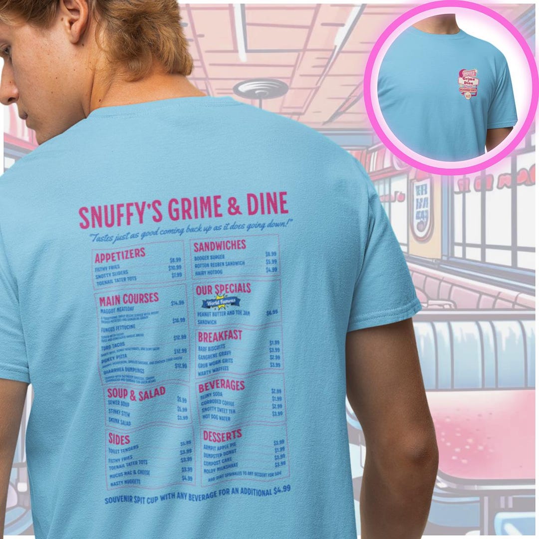 Snuffy's Grime & Dine Funny Diner Menu Tee With Pink Logo, Novelty T ...