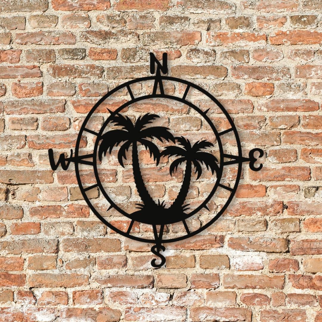 Compass Metal Wall Art, Palm Tree Decor, Tropical Patio Decor, Nautical ...
