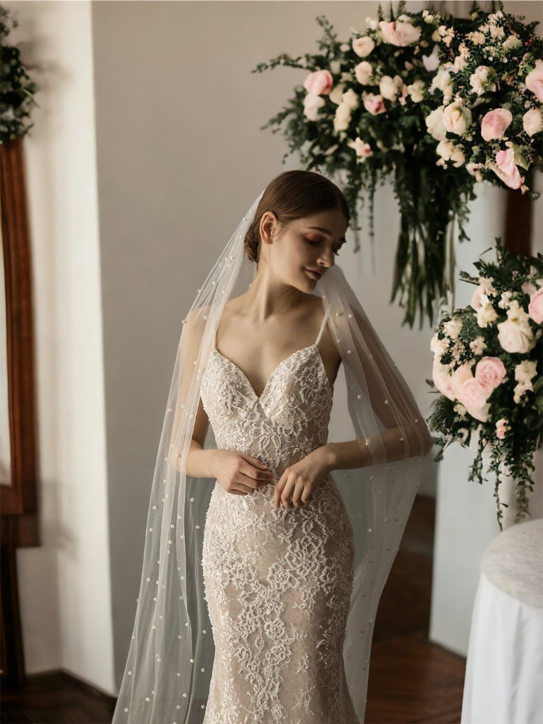 Pearl Cathedral Wedding Veil, Elegant Bridal Veil, Ivory Veil, Wedding ...