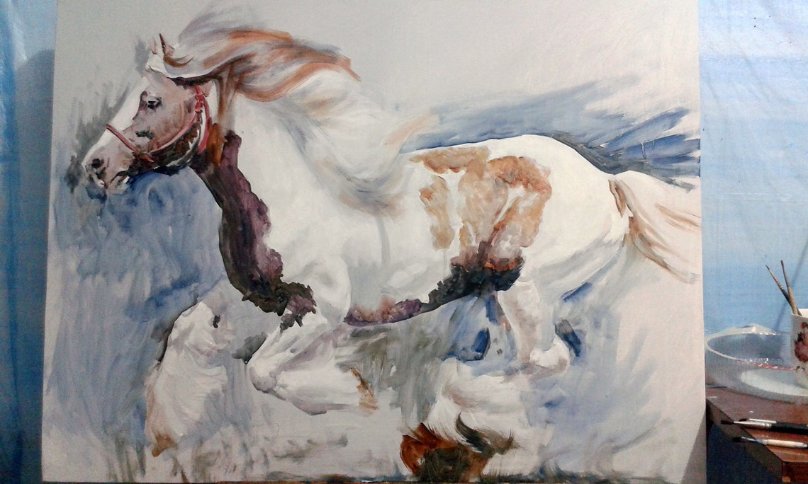 Pinto Horse Painting Original Art Wild Running Horse Large - Etsy