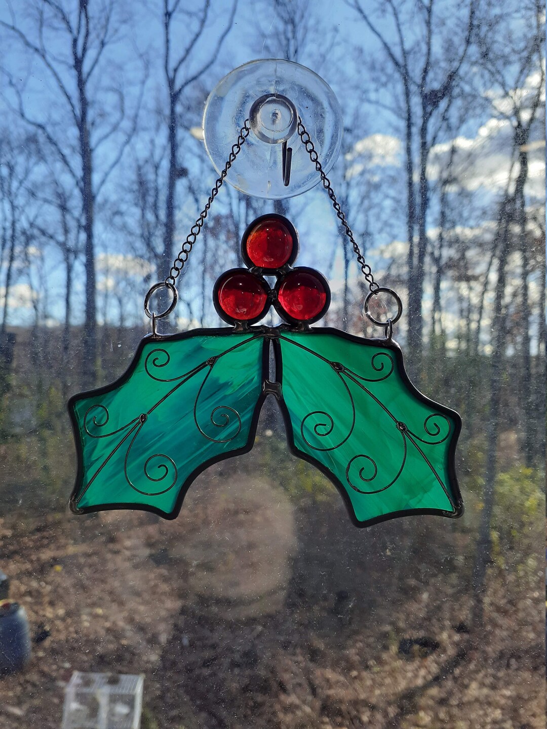 Holly Suncatcher Stained Glass Christmas Ornament Etsy