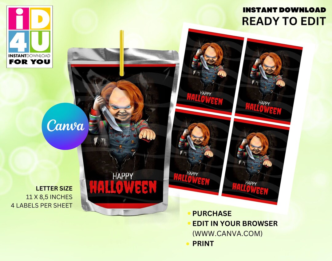 Chucky Capri Sun Editable Label, Chucky Halloween Juice Bag Editable ...