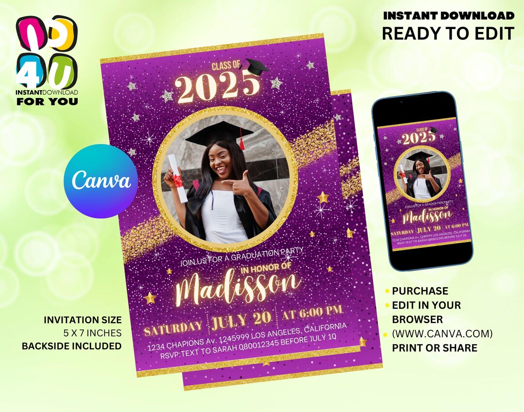Graduation Party Invitation Class of 2025 With Picture, Grad Editable ...