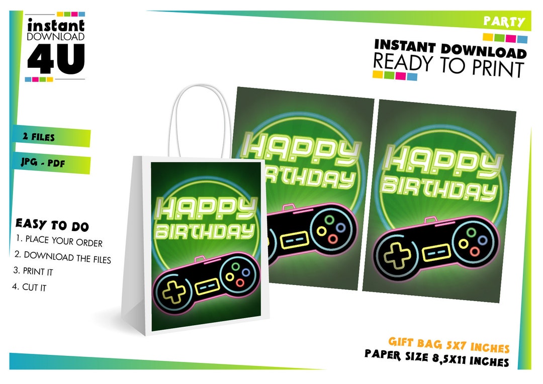 Gamer Party Favor Gift Bag Label, Wrap Video Game Party, Gaming ...