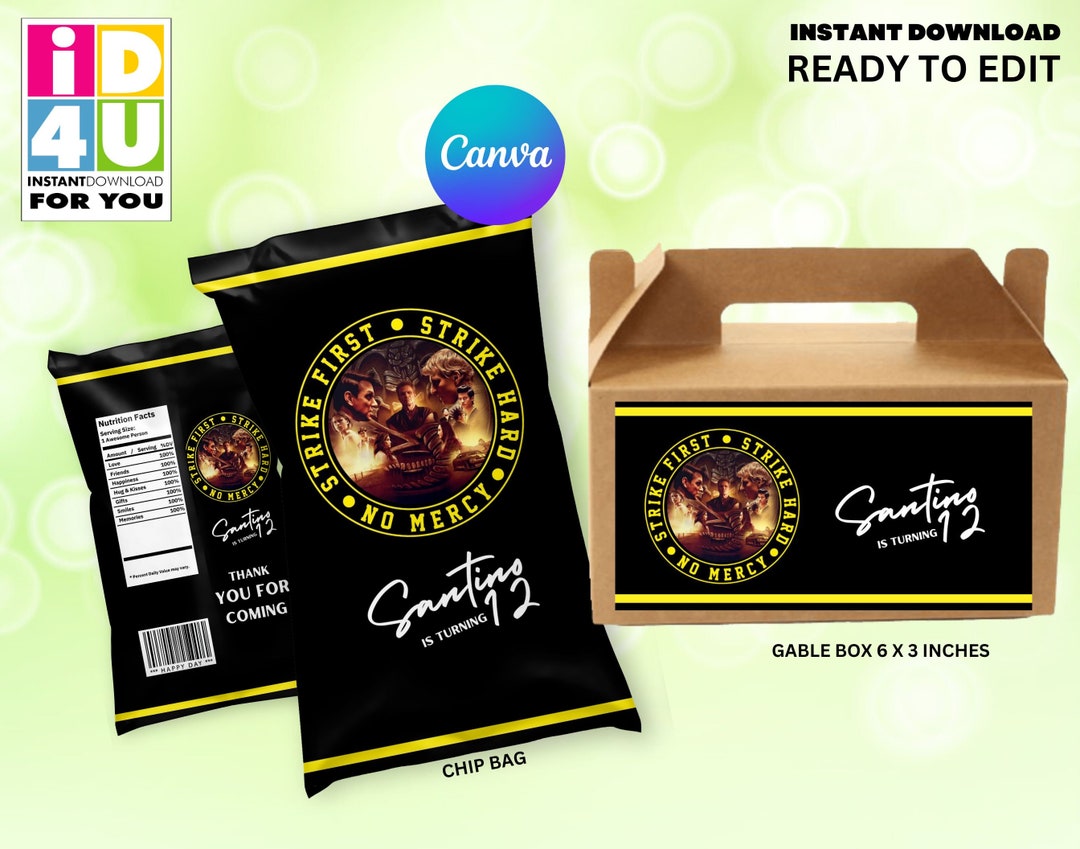 Cobra Kai Birthday Party Bundle Editable, Cobra Kai Chip Bag and Gable ...