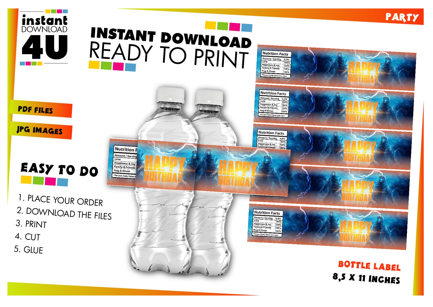 Godzilla Water Bottle Label, Godzilla Birthday Water Label, Godzilla ...