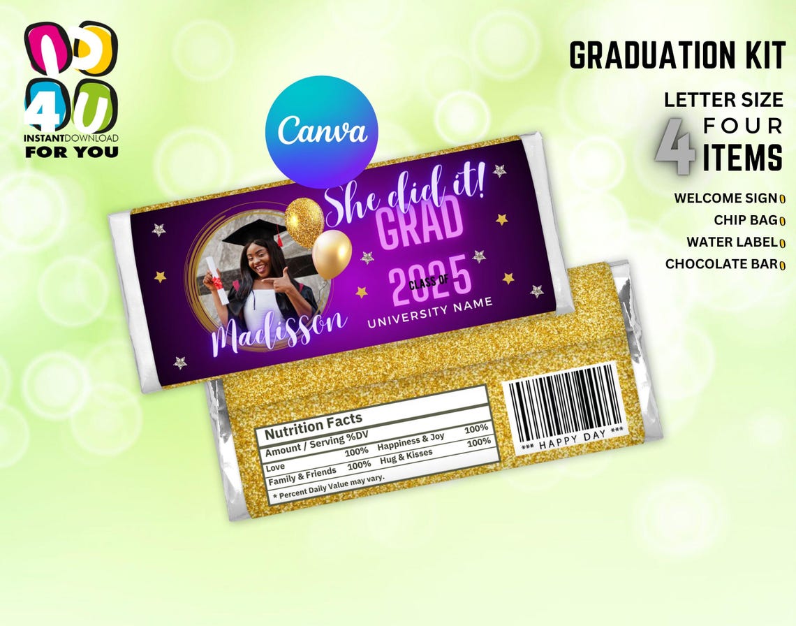 Purple Graduation 2025 Party Favors Editable Bundle With Picture, Grad ...