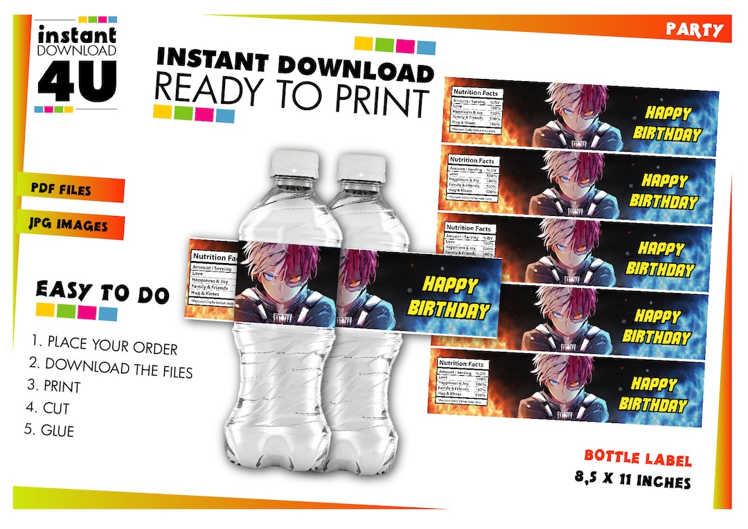 Anime Water Bottle Labels, Anime Birthday Party Supply, Anime Party ...