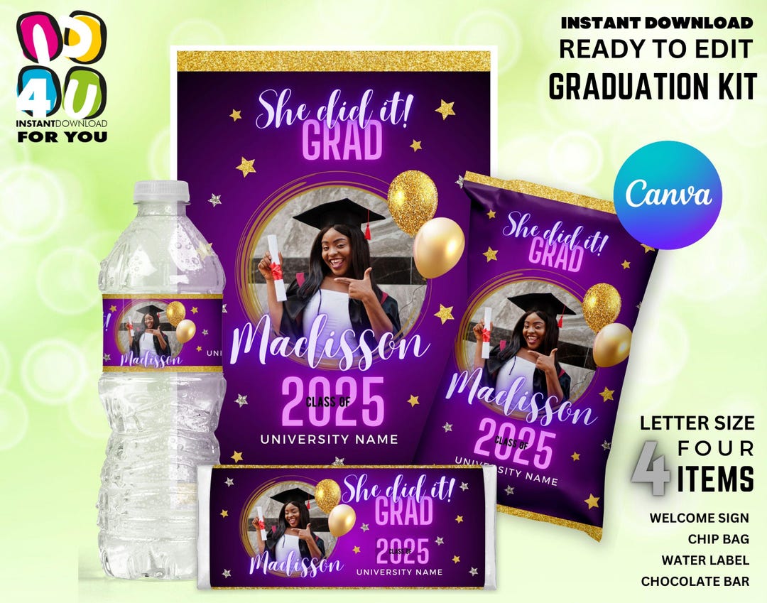 Purple Graduation 2025 Party Favors Editable Bundle With Picture, Grad ...
