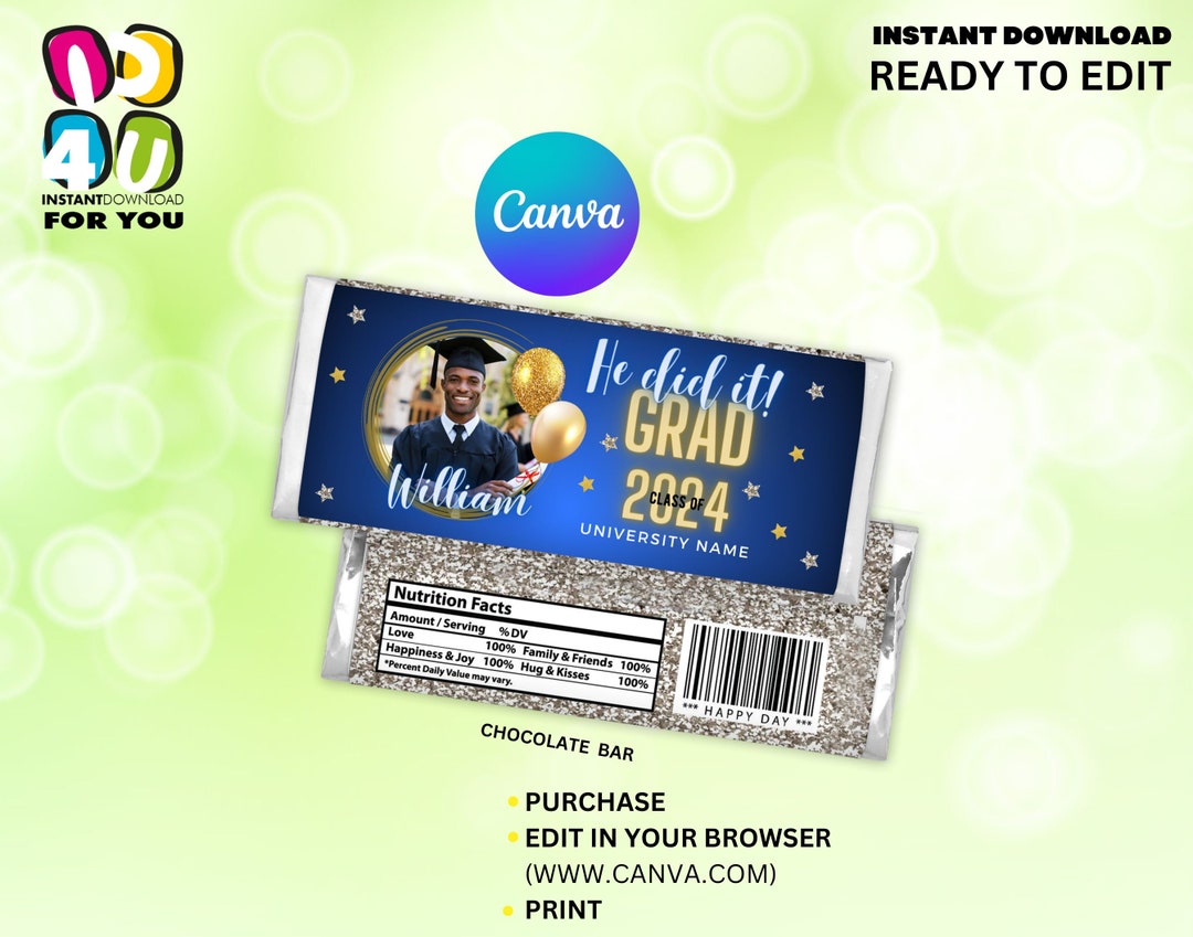Grad Editable Candy Wrapper With Picture, Class of 2024 Graduation ...