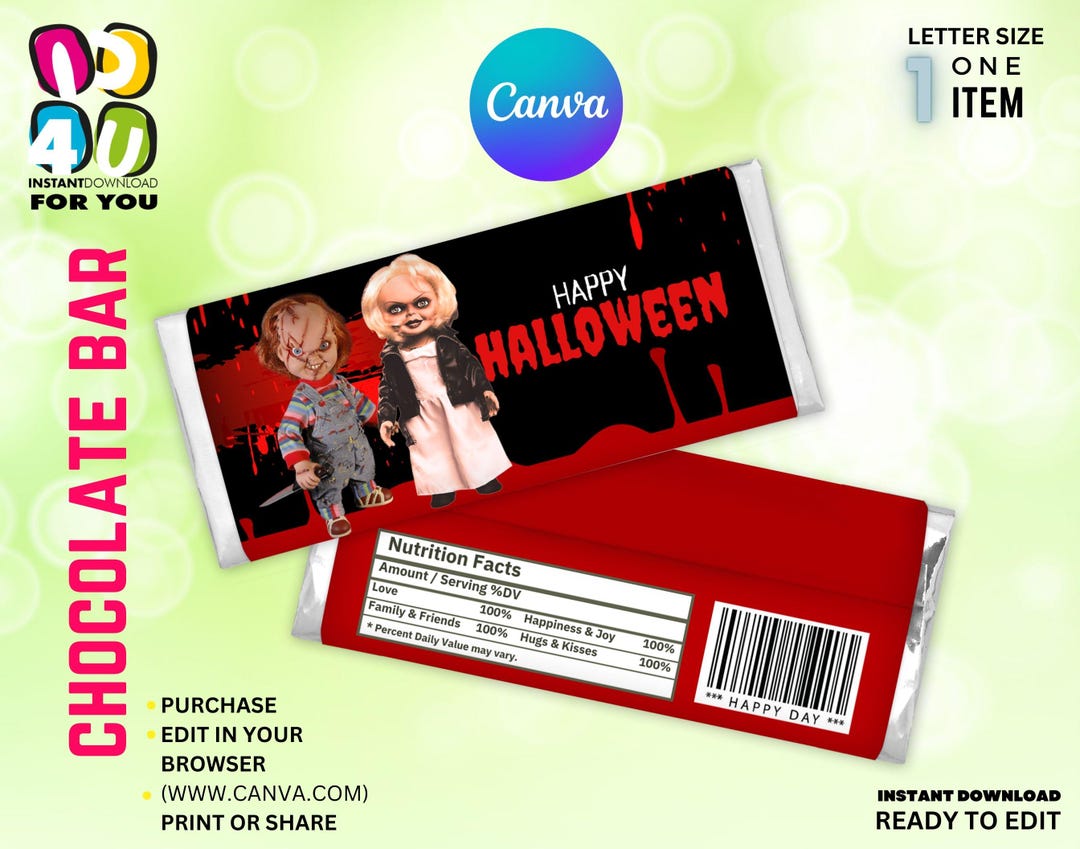 Chucky Chocolate Wrapper Editable Label, Chucky Candy Warpper Editable ...