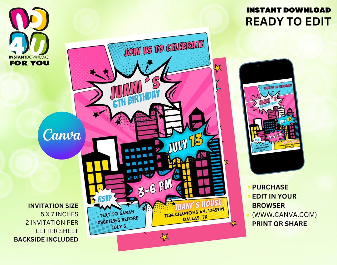 Birthday Party Invitation Editable, Comic Invitation, Comic Party ...