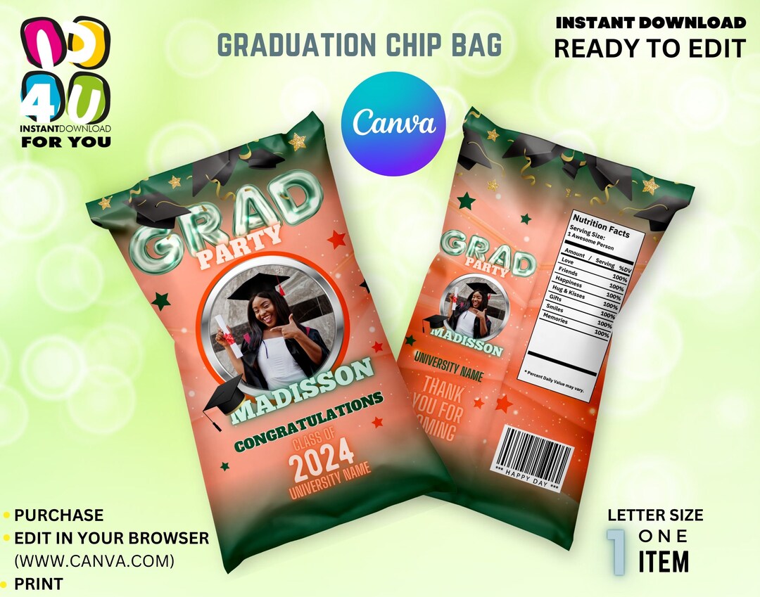 Graduation Party Class of 2024 Chip Bag With Picture Editable, Photo ...