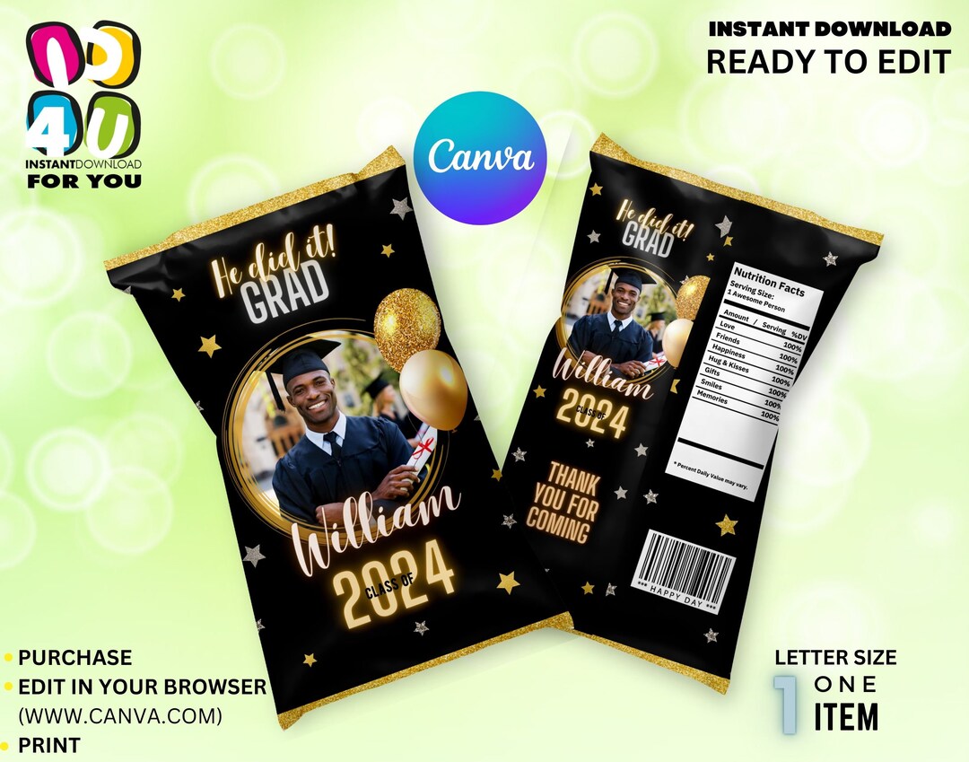 Graduation Party Chip Bag With Picture Editable, Photo Graduation Gold ...