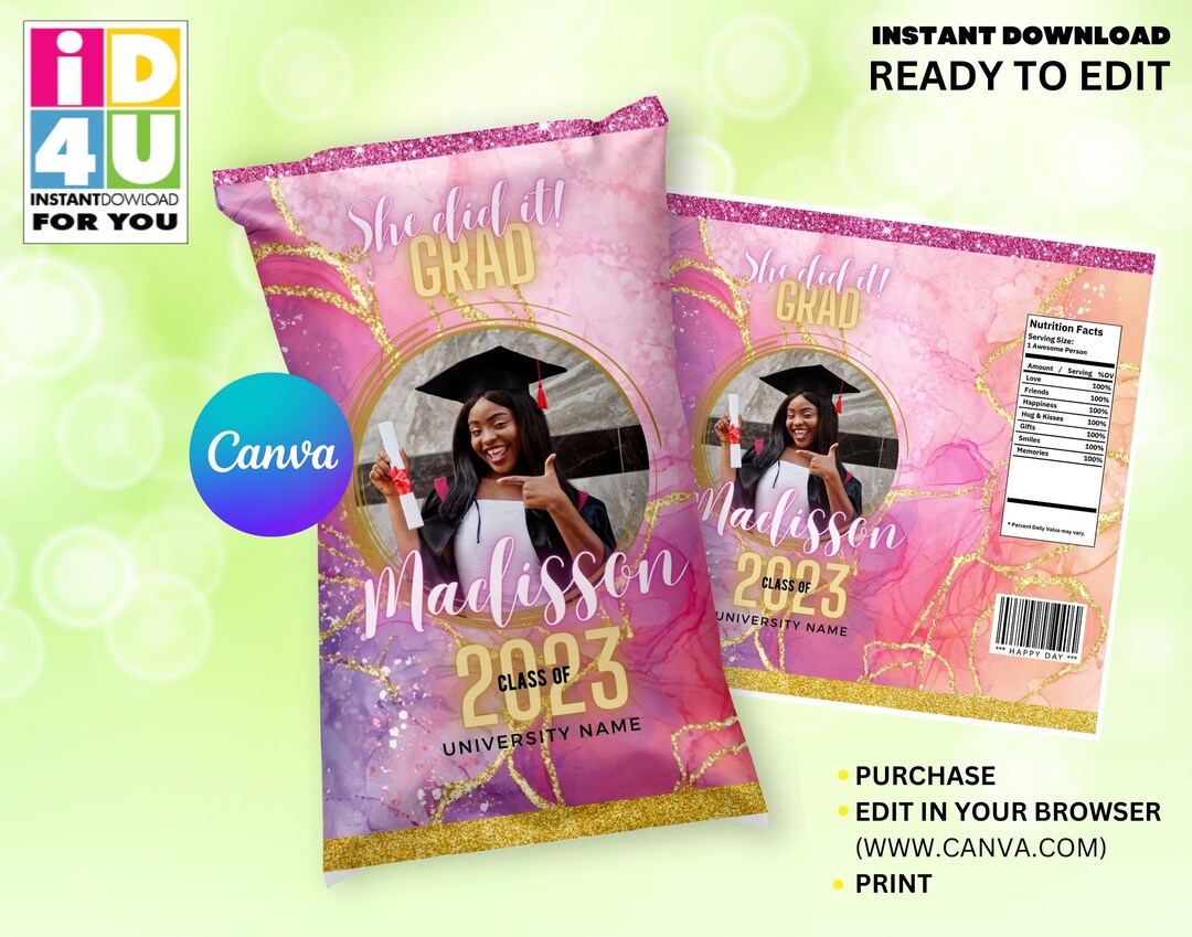 Pink Graduation Chip Bag Class of 2024 With Picture Editable, Photo ...