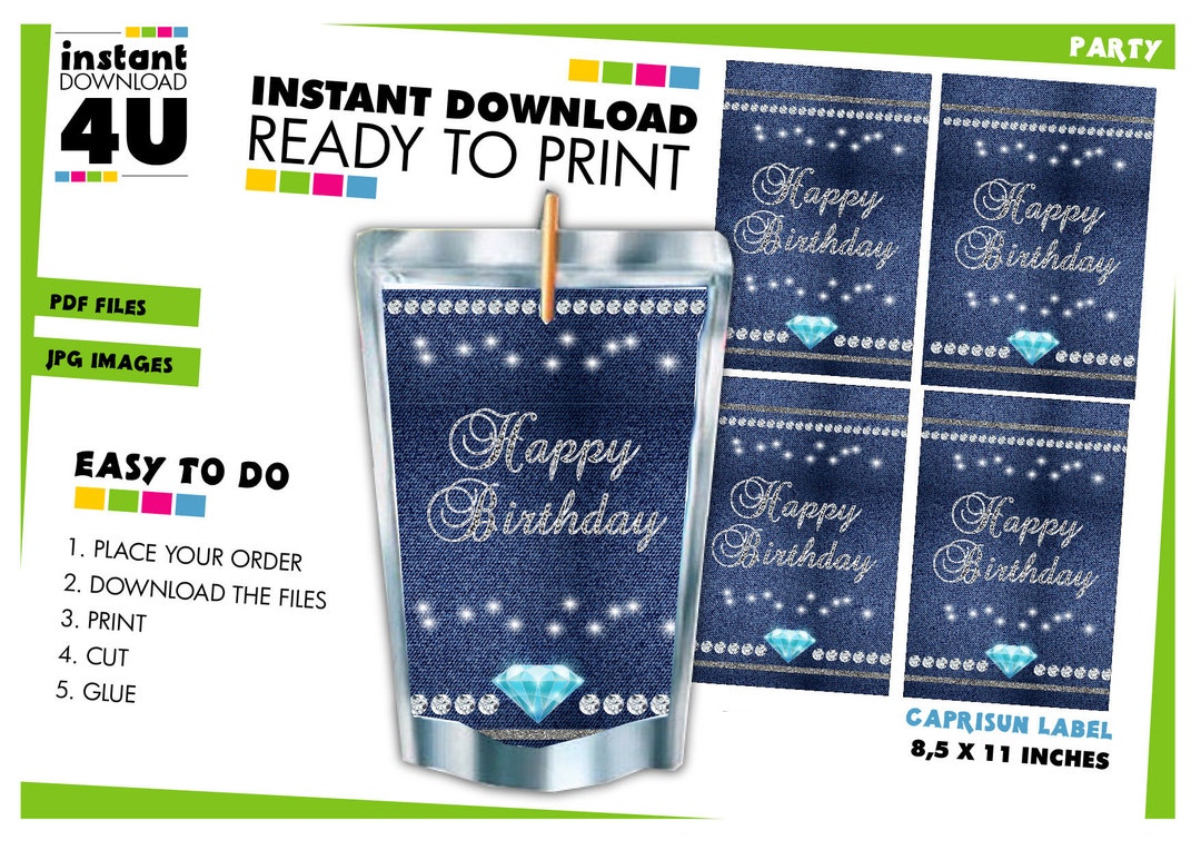 Denim and Diamond Birthday Party Drink Wrappers, Denim Printable Capri ...