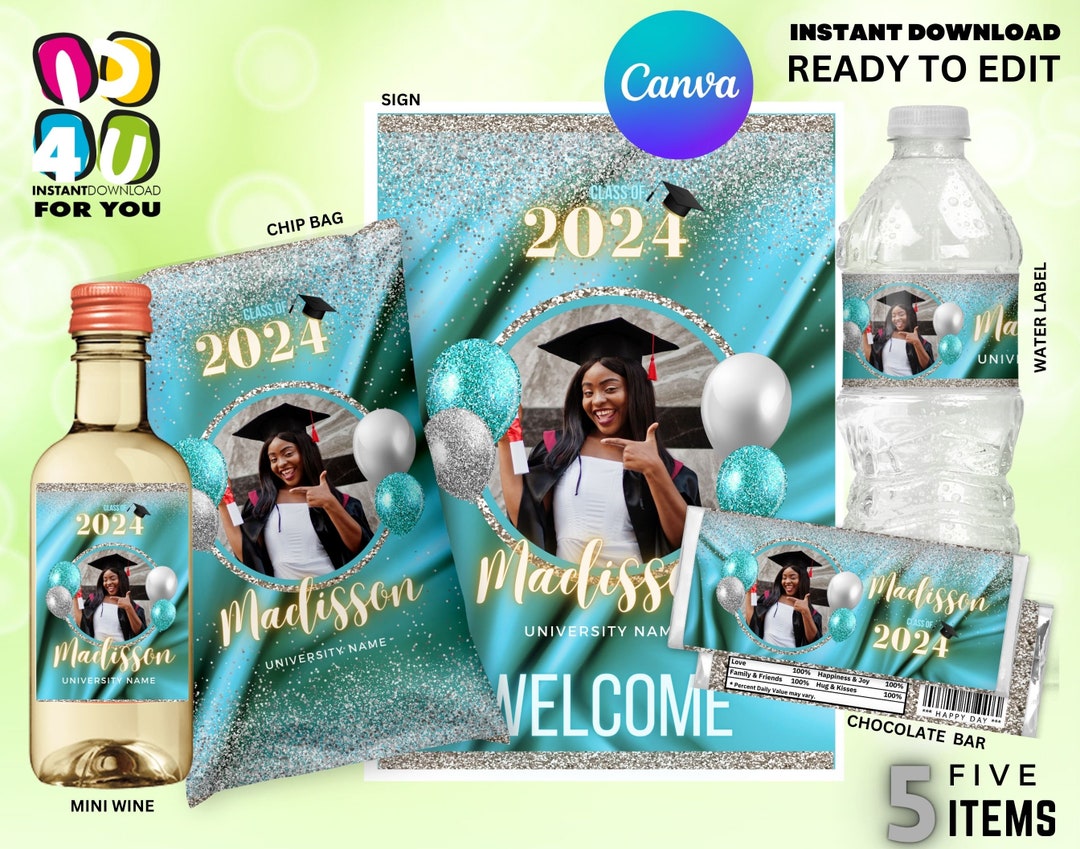Class of 2024 Graduation Party Favors Turquoise and Silver Editable ...
