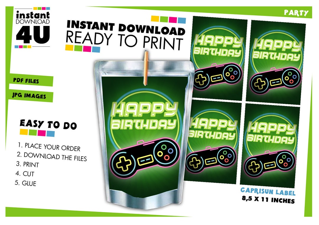 Capri Sun Gaming Wrapper Labels, Video Game Party Gaming Juice Label ...